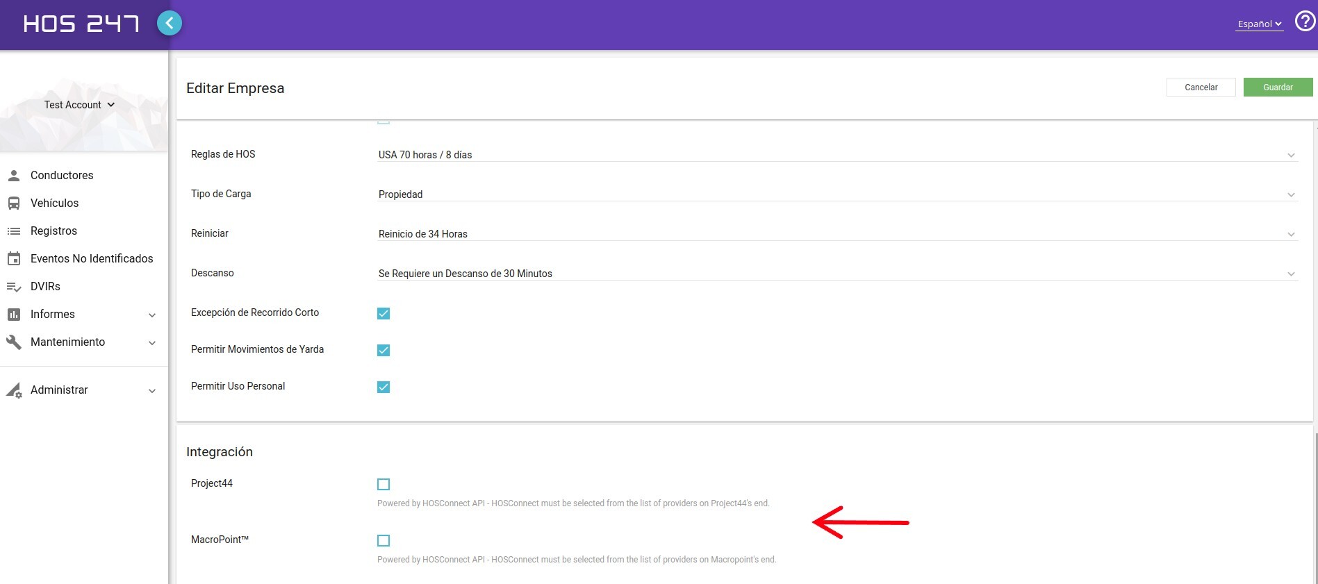 Cómo Activar la Integración con Project44 – HOS247 Centro de Apoyo al Cliente